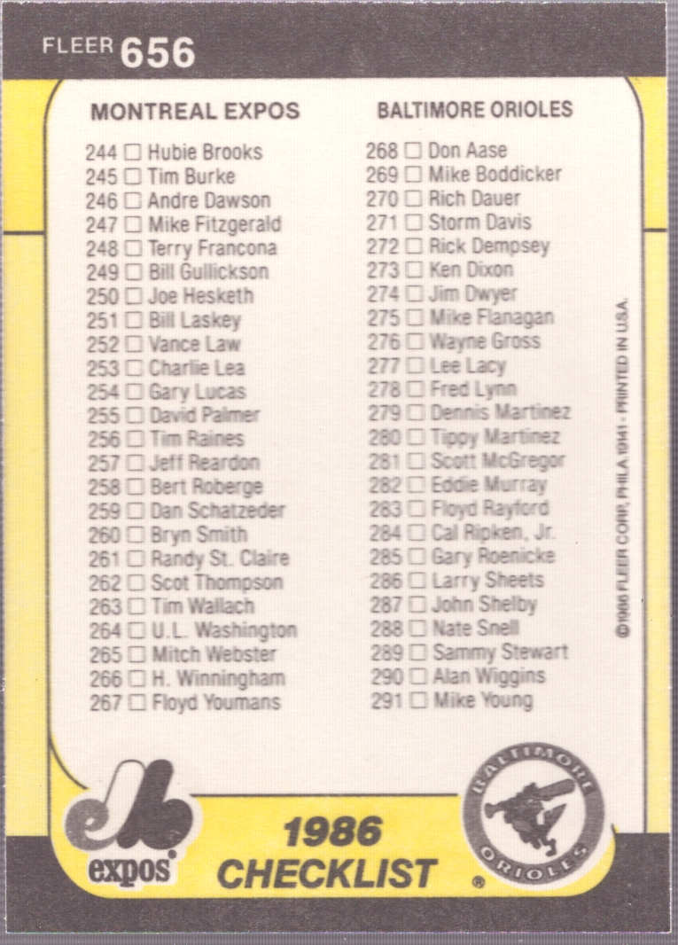 1986 Fleer Baseball Checklist: White Sox / Tigers / Expos / Orioles CL #656 NM | eBay