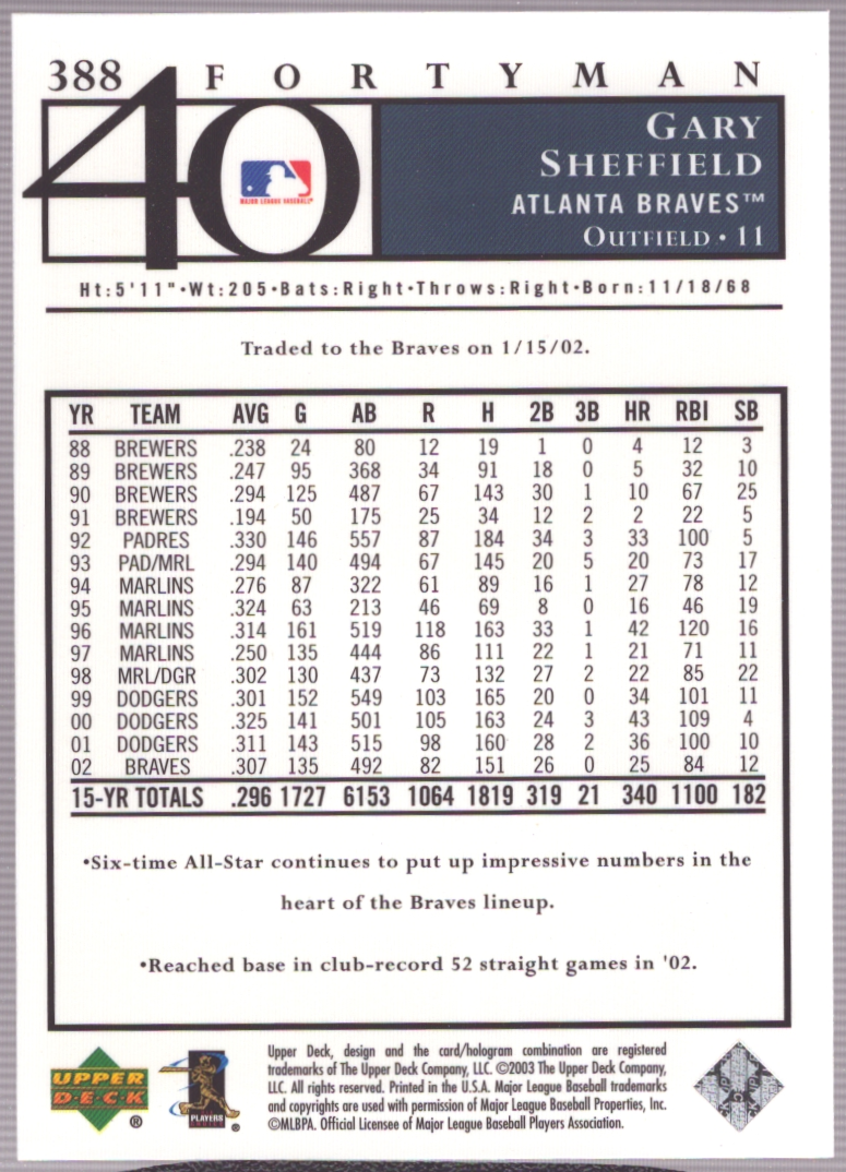 2003 Upper Deck 40-Man Baseball Gary Sheffield #388 NM | eBay