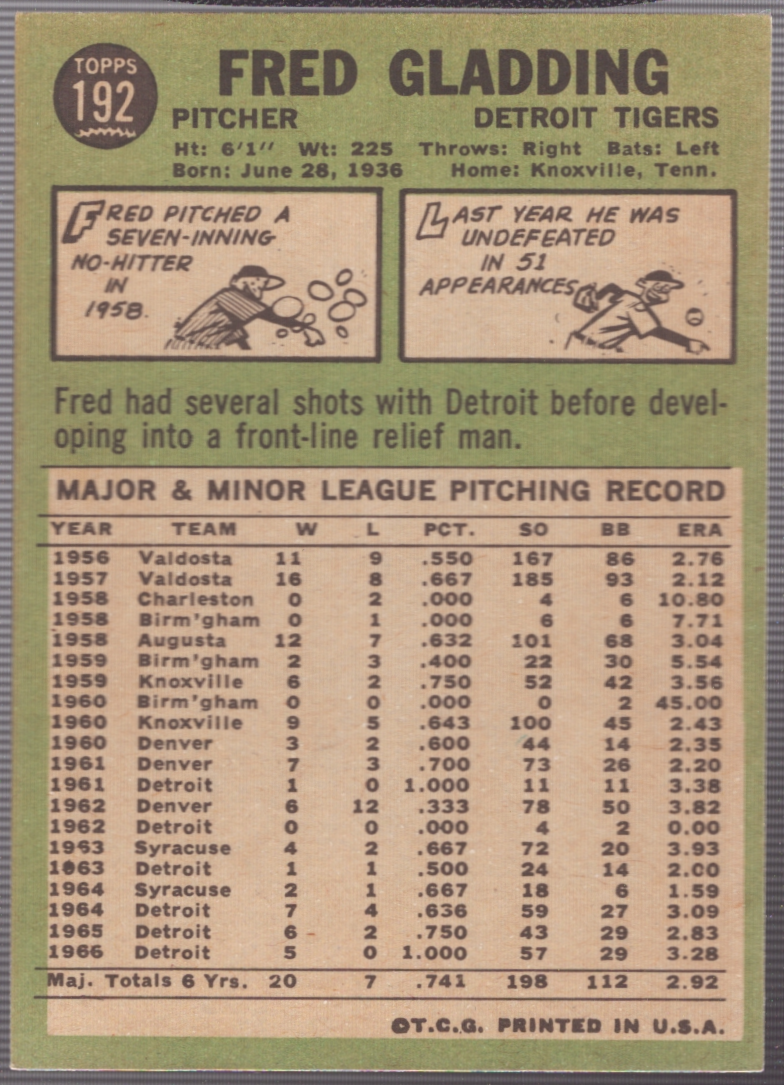 1967 Topps Baseball Fred Gladding #192 EX | eBay