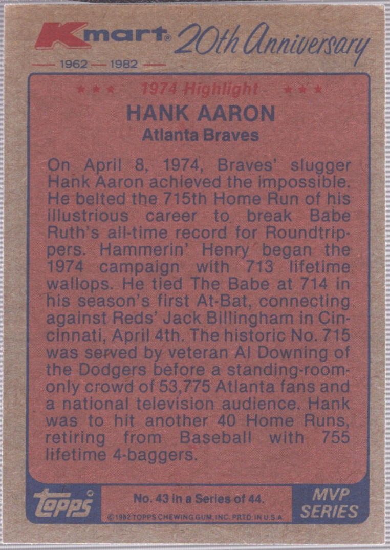 1982 Topps Kmart 20th Anniversary AL & NL MVP's Baseball Hank Aaron #43 EX | eBay